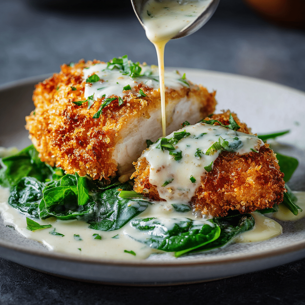 Amazing Parmesan Crusted Chicken with Creamy Garlic Sauce